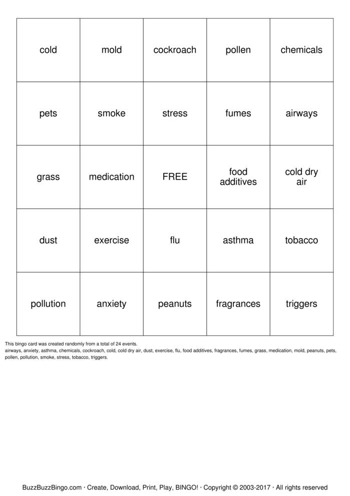 ASTHMA Bingo Cards to Download, Print and Customize!