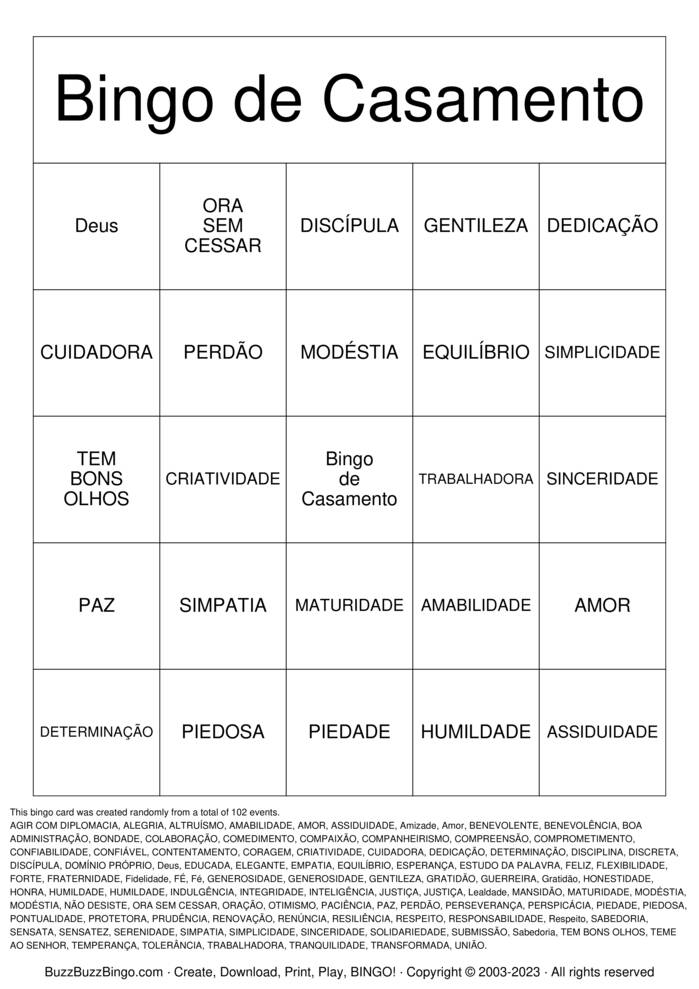 Bingo de Casamento Bingo Cards to Download, Print and Customize!
