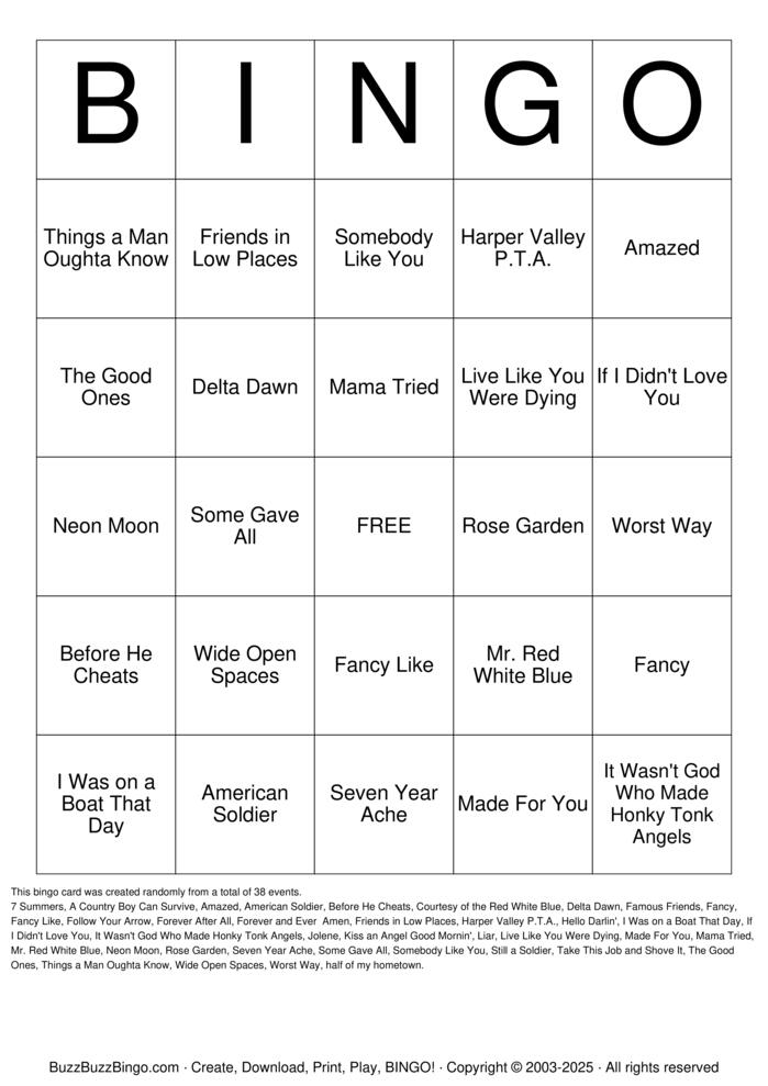 Country Songs Bingo Cards to Download, Print and Customize!