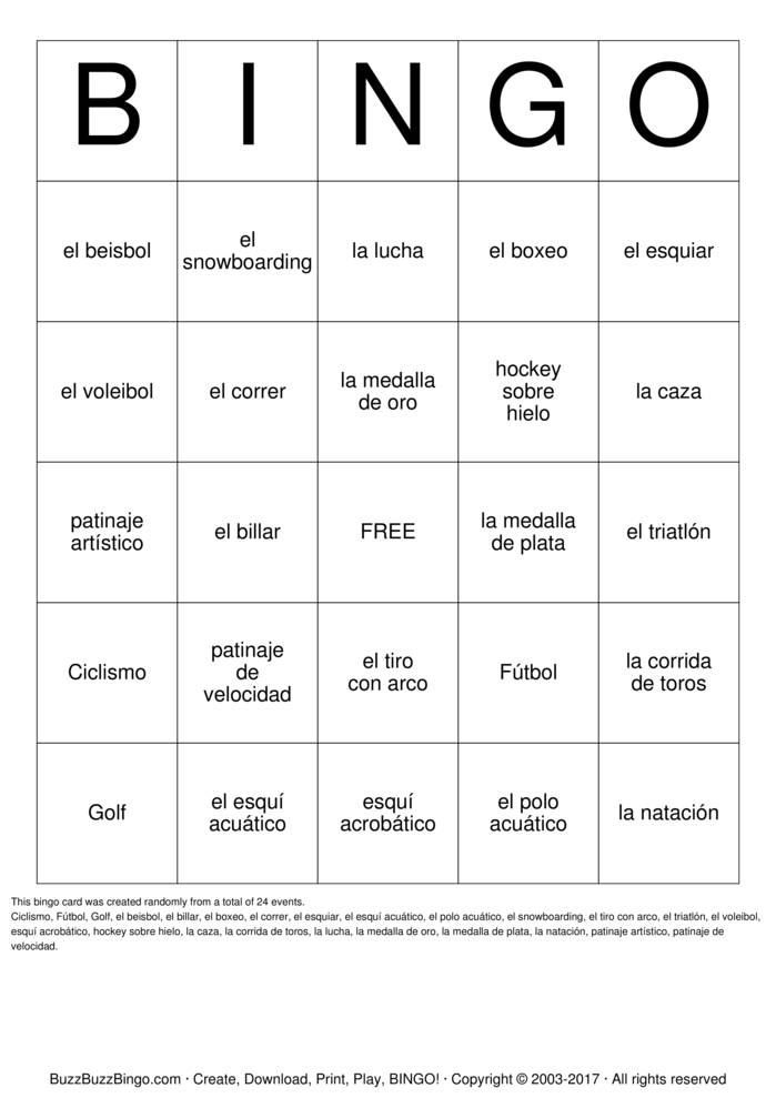 Deportes Bingo Cards to Download, Print and Customize!