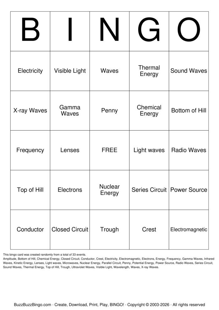 Energy BINGO Bingo Cards to Download, Print and Customize!