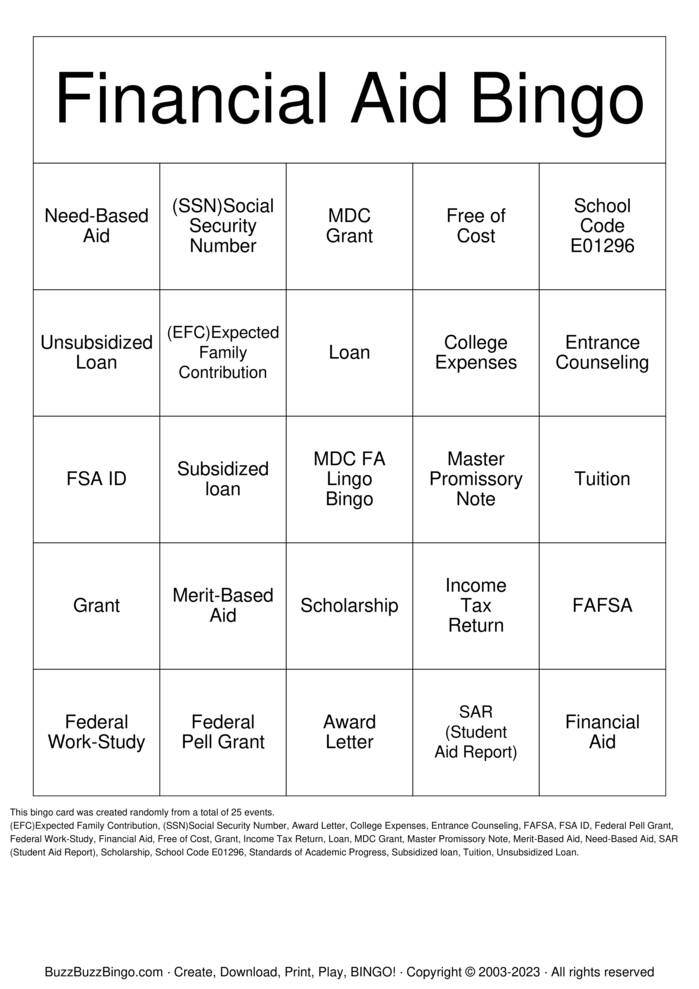 Financial Aid Lingo Bingo Cards to Download, Print and Customize!