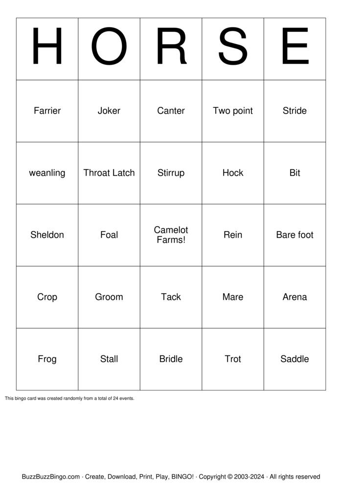 Horse Bingo Cards to Download, Print and Customize!