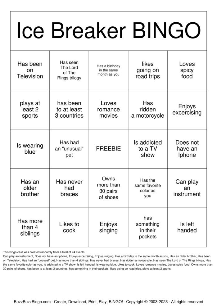 ICEBREAKER BINGO Bingo Cards to Download, Print and Customize!