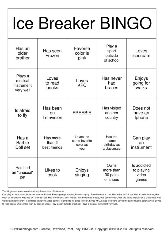 Icebreaker Bingo Printable