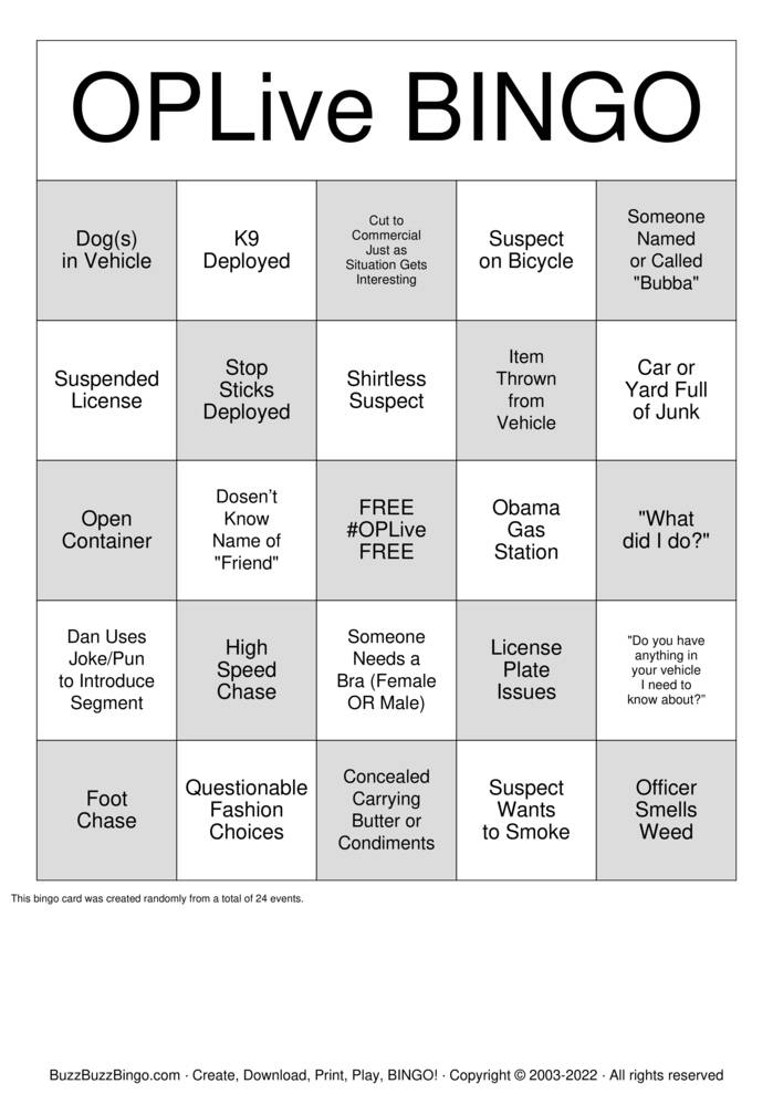 OPL BINGO v1 Bingo Cards to Download, Print and Customize!