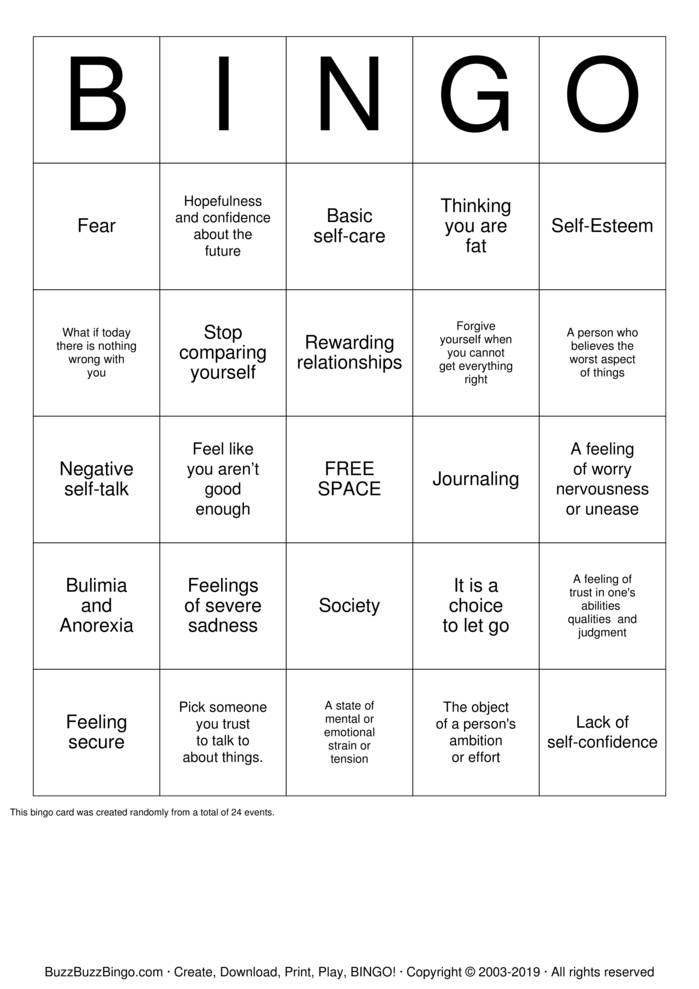 Self-Esteem Bingo Cards to Download, Print and Customize!
