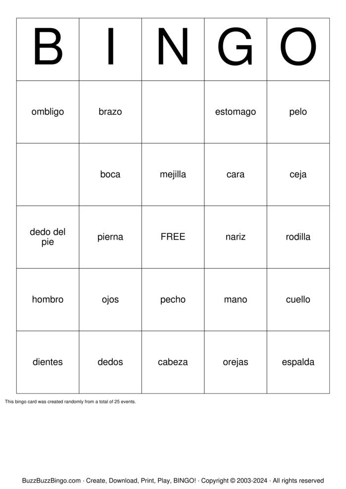 Spanish Body Parts Bingo Cards to Download, Print and Customize!