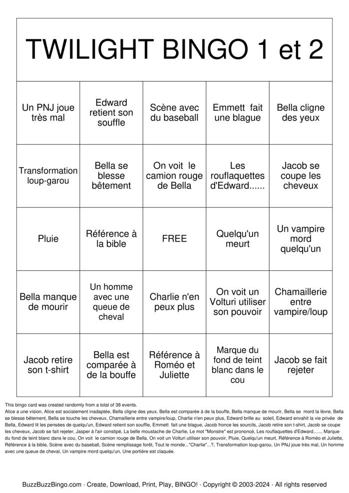 TWILIGHT BINGO Bingo Cards to Download, Print and Customize!