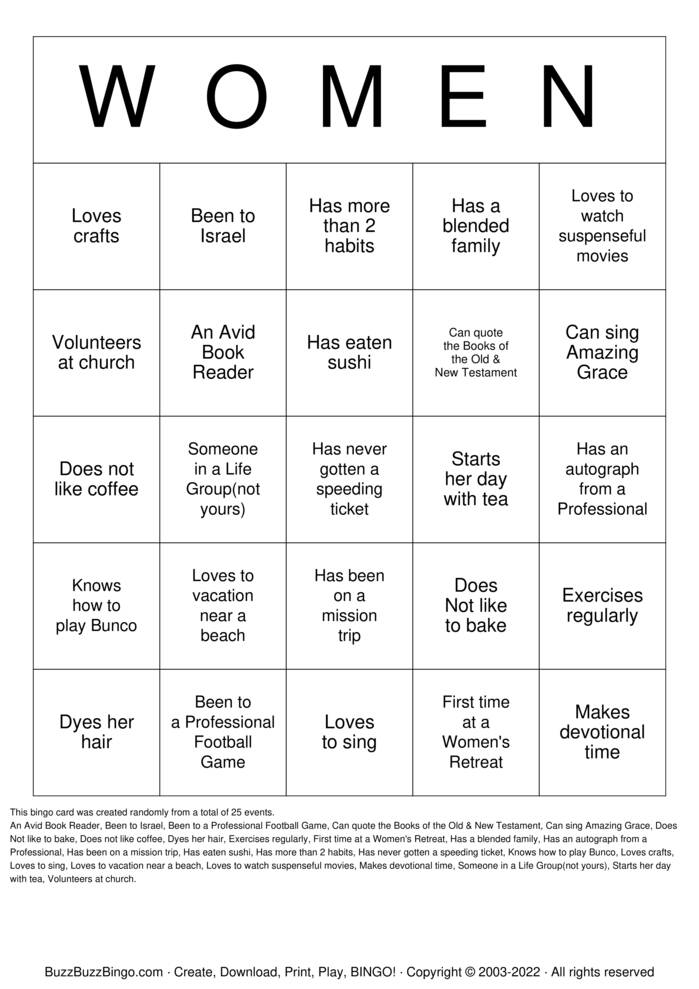 W O M E N Bingo Cards to Download, Print and Customize!