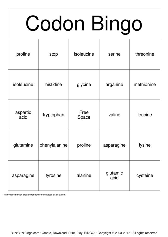 CODON BINGO Bingo Cards to Download, Print and Customize!