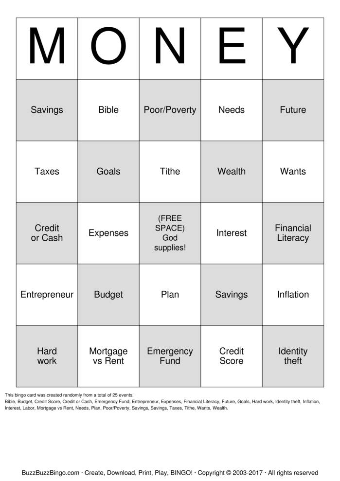 Financial Literacy God's Way Bingo Cards to Download, Print and Customize!