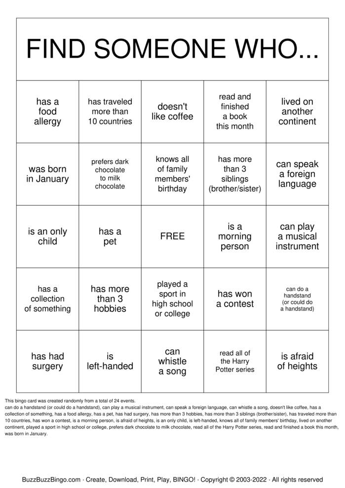 Find Someone Who.... Bingo Cards to Download, Print and Customize!