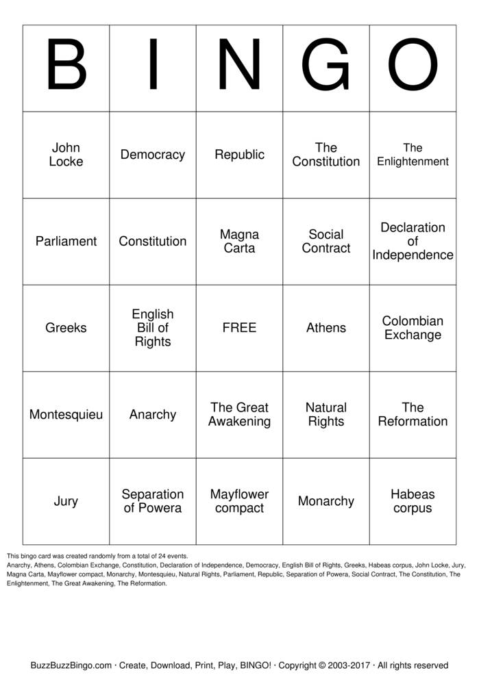 Foundations of Democracy Bingo Cards to Download, Print and Customize!