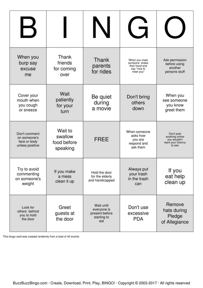 Great Manners Bingo Cards to Download, Print and Customize!