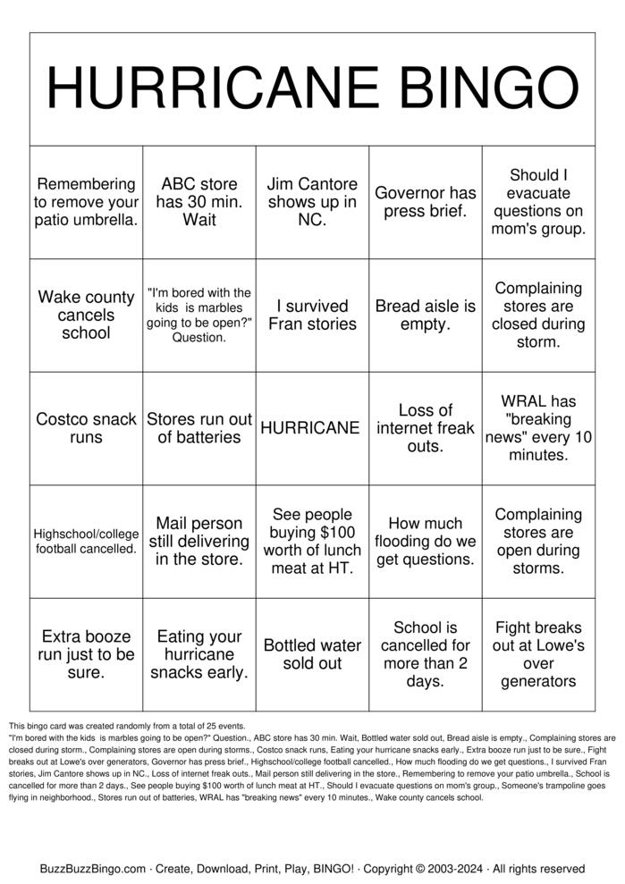 HURRICANE BINGO Bingo Cards to Download, Print and Customize!