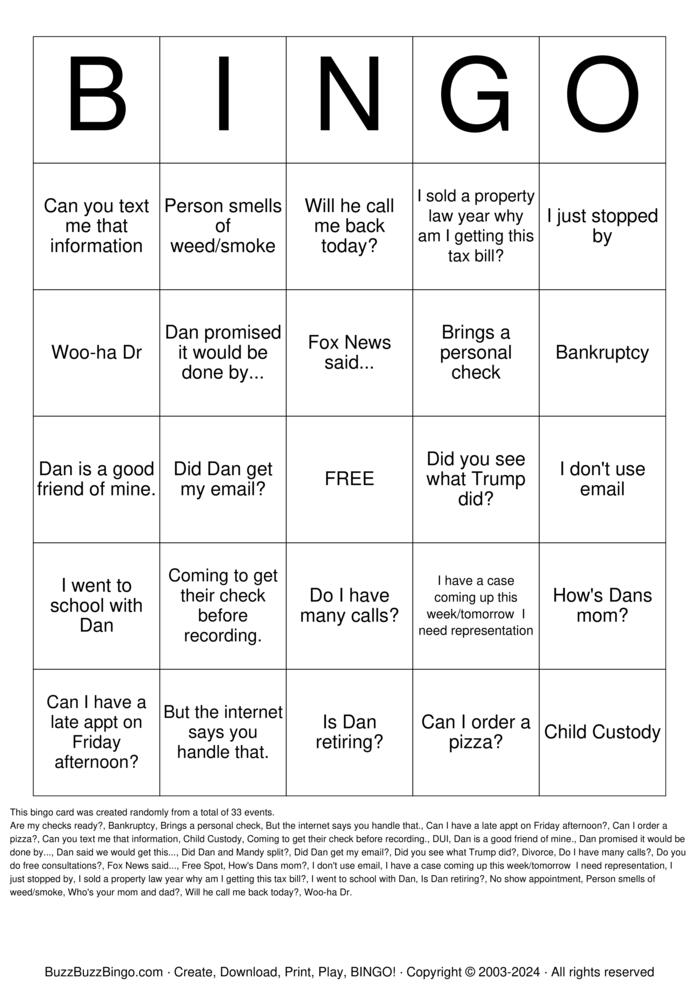 Law firm bingo Bingo Cards to Download, Print and Customize!
