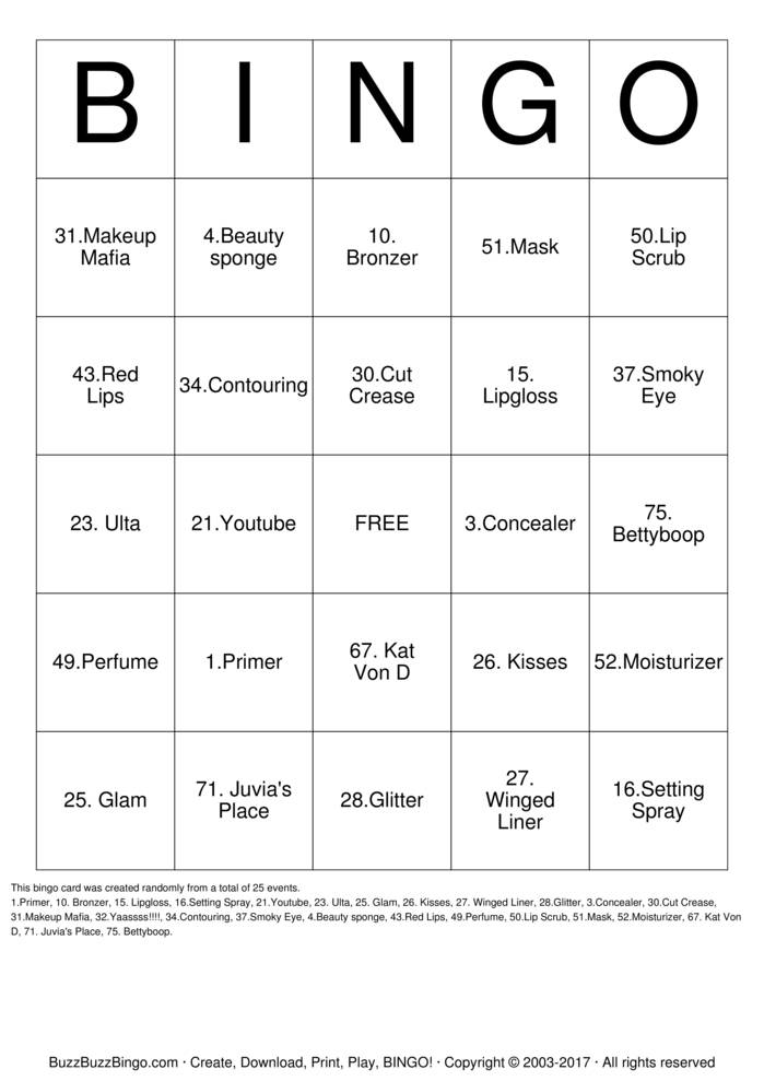 Makeup Bing Bingo Cards to Download, Print and Customize!