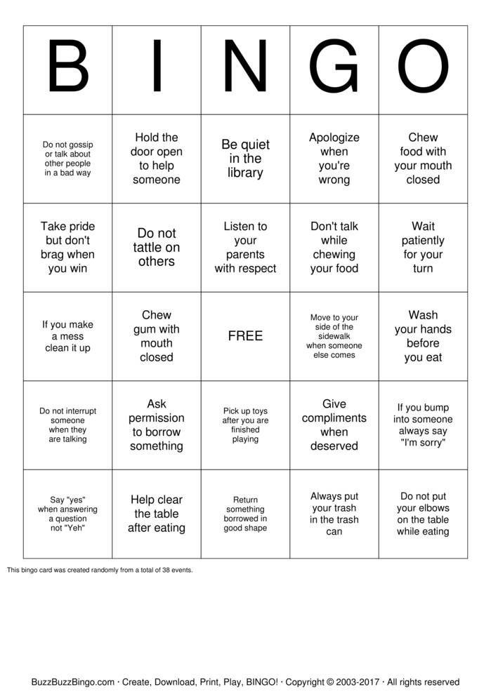 Manners Bingo Cards to Download, Print and Customize!