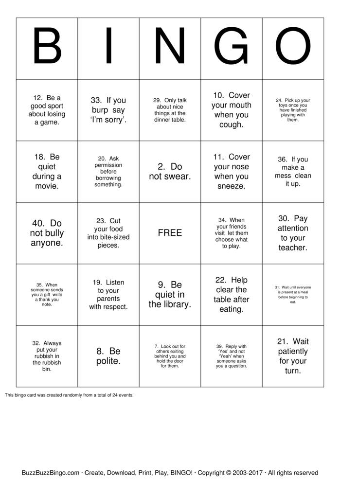Manners Bingo Cards to Download, Print and Customize!