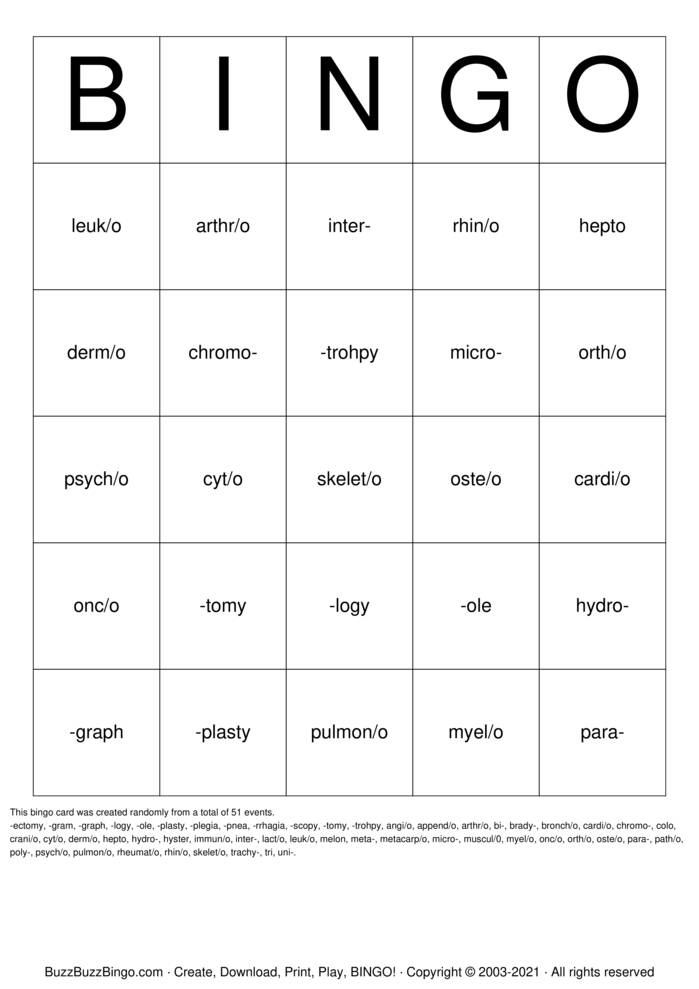Medical Terms Word Parts Bingo Cards to Download, Print and Customize!
