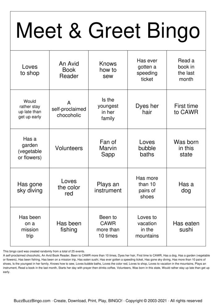 Meet & Greet BINGO Bingo Cards to Download, Print and Customize!