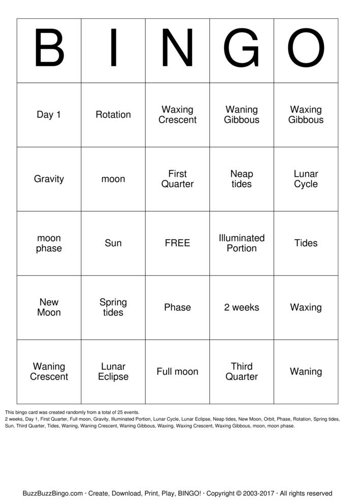 Moon Phases Bingo Cards to Download, Print and Customize!