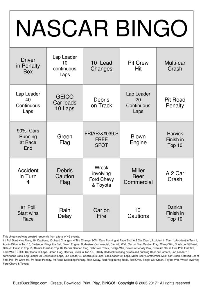 NASCAR Bingo Cards to Download, Print and Customize!