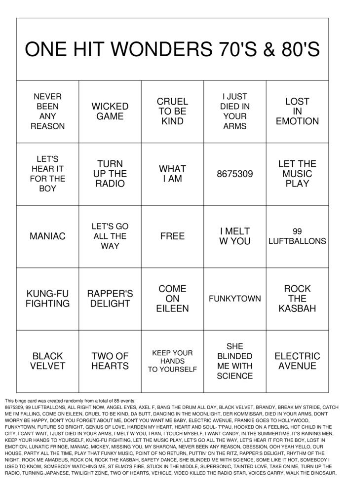 ONE HIT WONDERS 70'S & 80'S Bingo Cards to Download, Print and Customize!