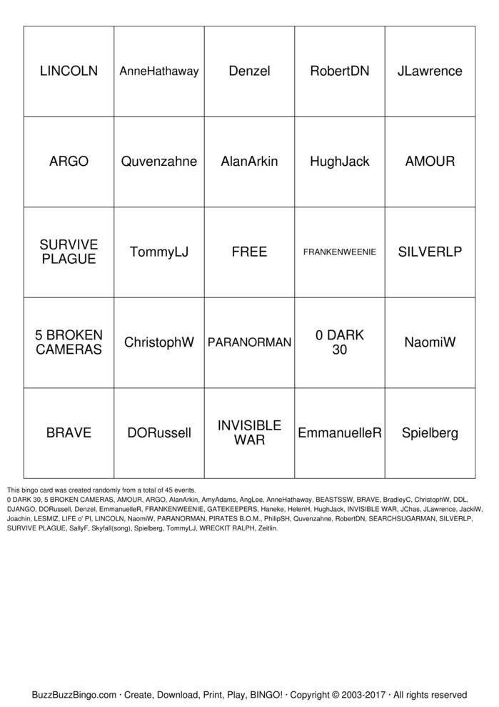 Oscar Winner Bingo Bingo Cards to Download, Print and Customize!
