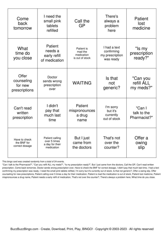 Pharmacy Bingo Bingo Cards to Download, Print and Customize!