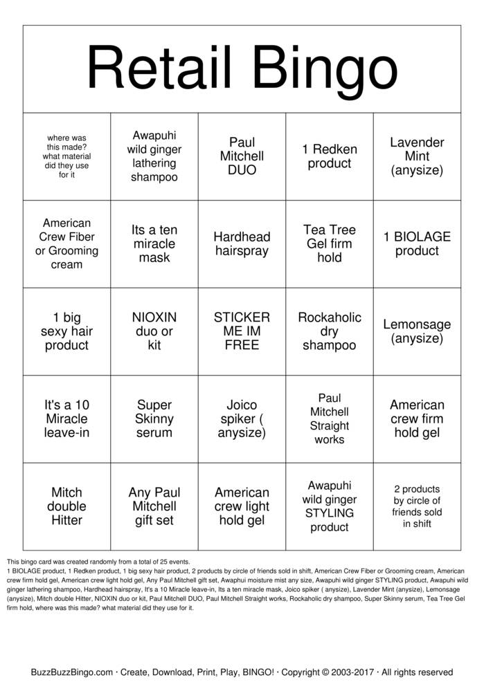 Retail Bingo Cards to Download, Print and Customize!