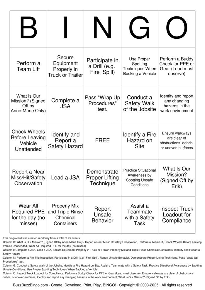 Safety BINGO Bingo Cards to Download, Print and Customize!