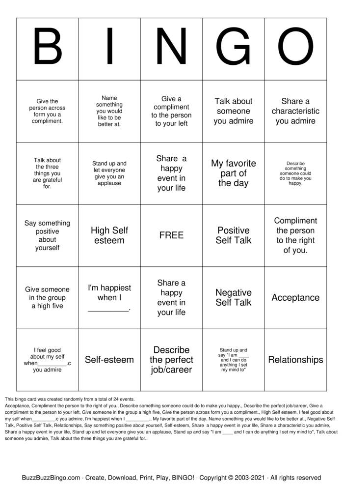 Self esteem Bingo Cards to Download, Print and Customize!