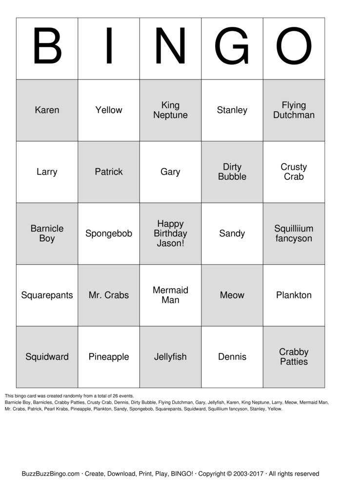 SpongeBob Bingo Cards to Download, Print and Customize!