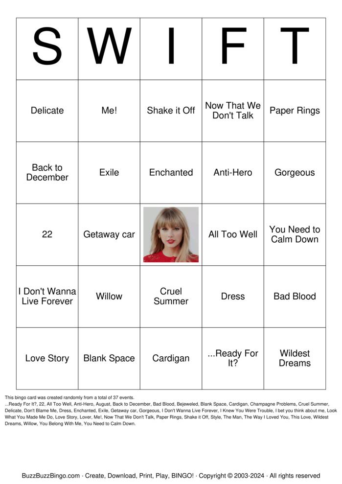 Taylor Swift Songs Bingo Cards to Download, Print and Customize!