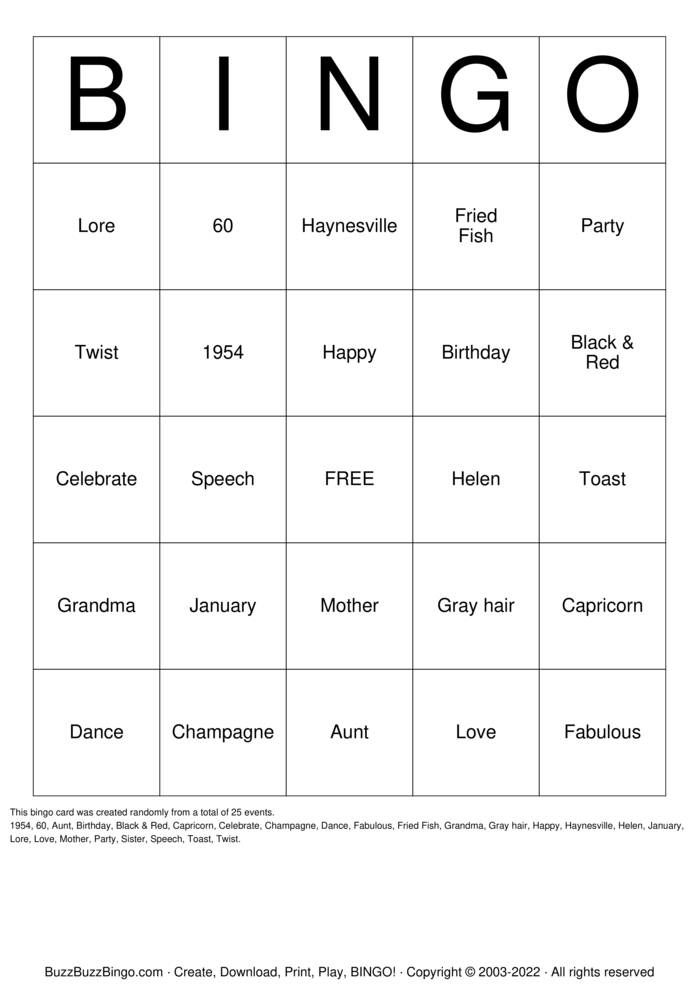 60th Birthday Bingo Cards to Download, Print and Customize!