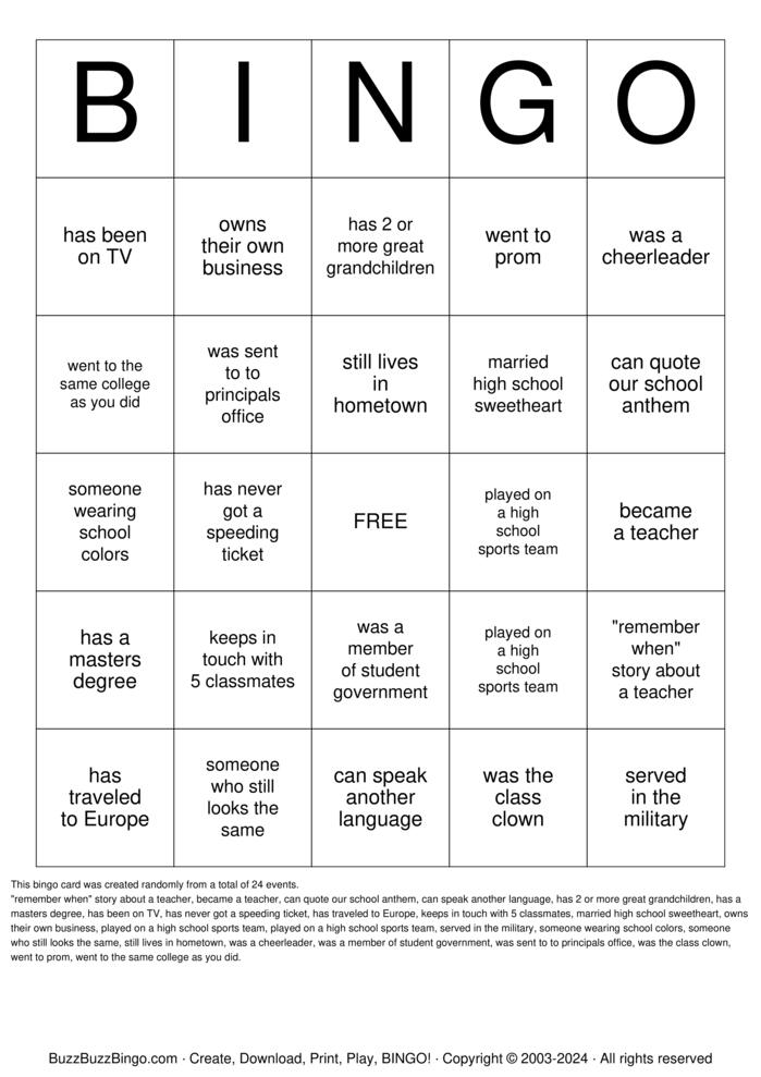 60th Class Reunion Bingo Cards to Download, Print and Customize!