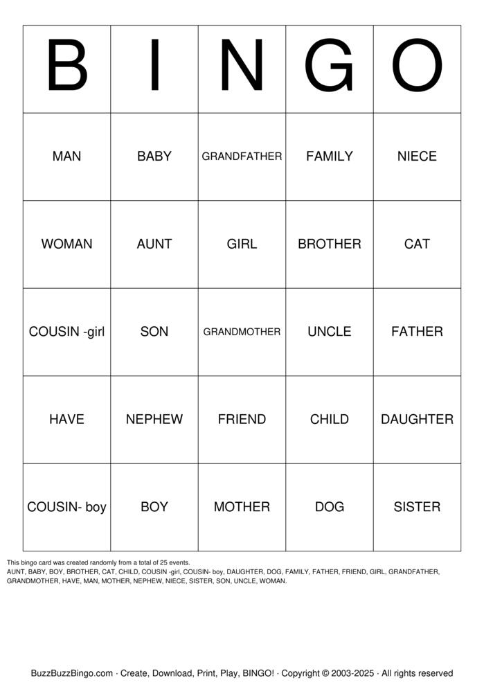 ASL FAMILY BINGO Bingo Cards to Download, Print and Customize!