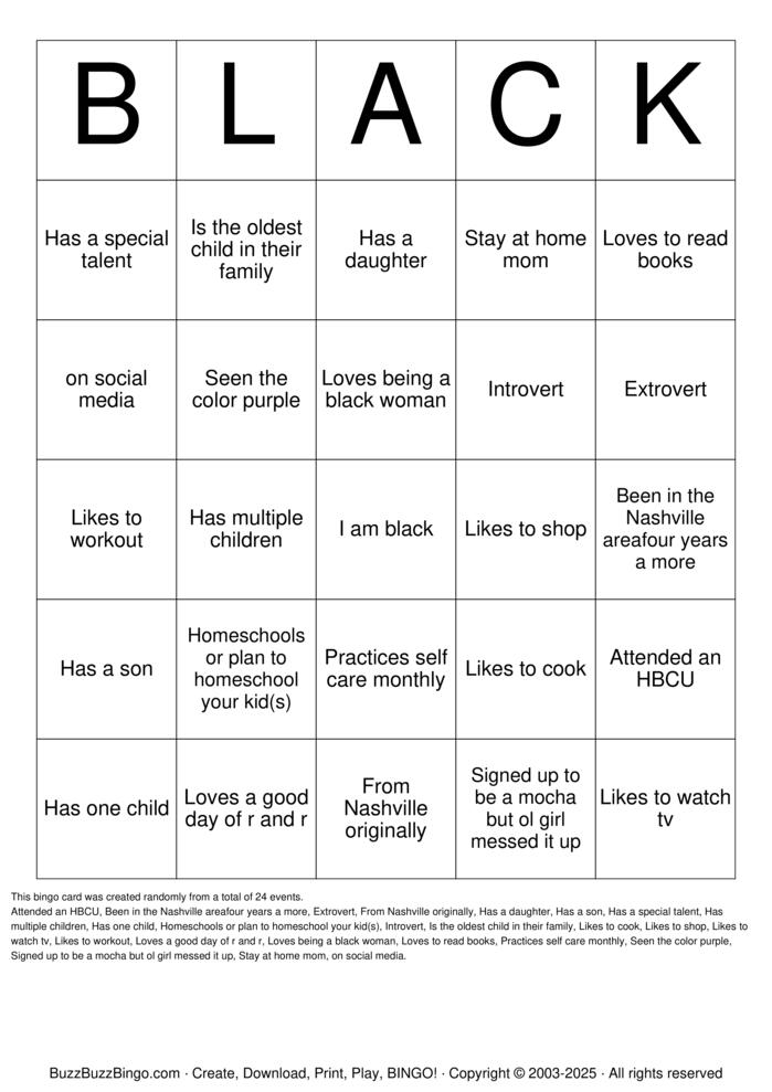 Black people Bingo Cards to Download, Print and Customize!