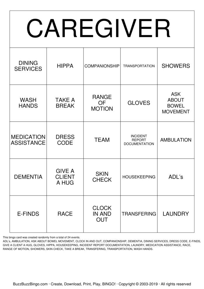 CAREGIVER Bingo Cards to Download, Print and Customize!