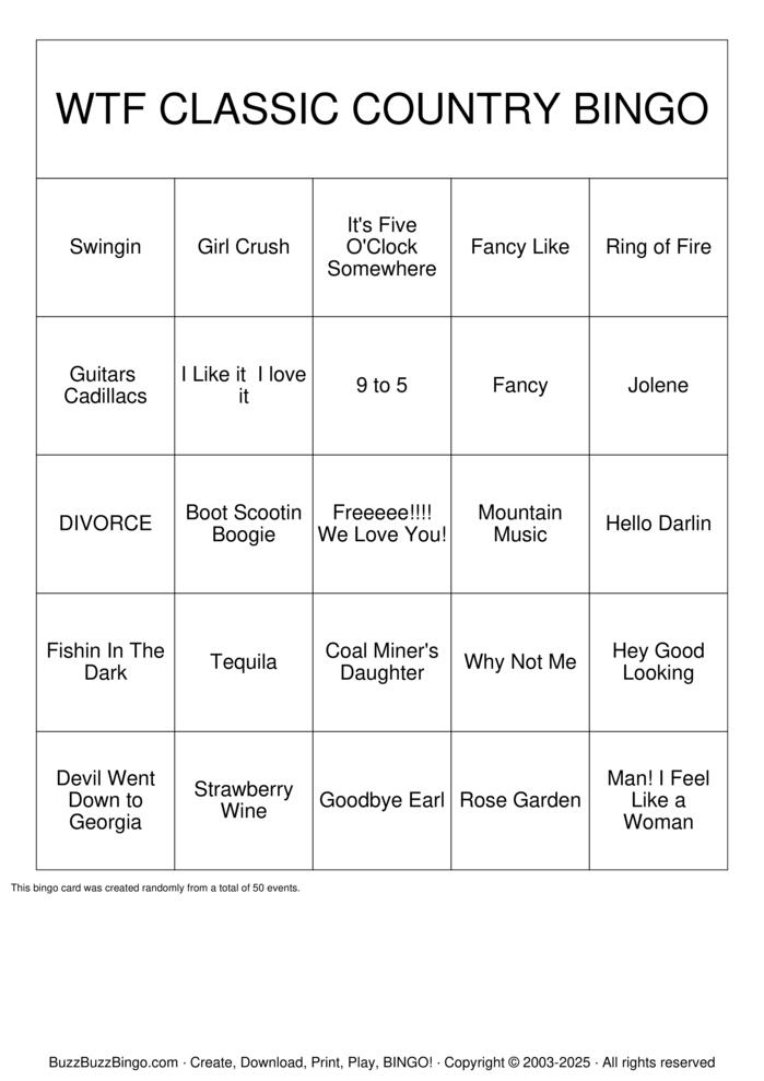 Classic Country Bingo Cards to Download, Print and Customize!