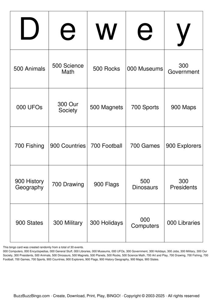 Dewey Decimal Bingo Cards to Download, Print and Customize!