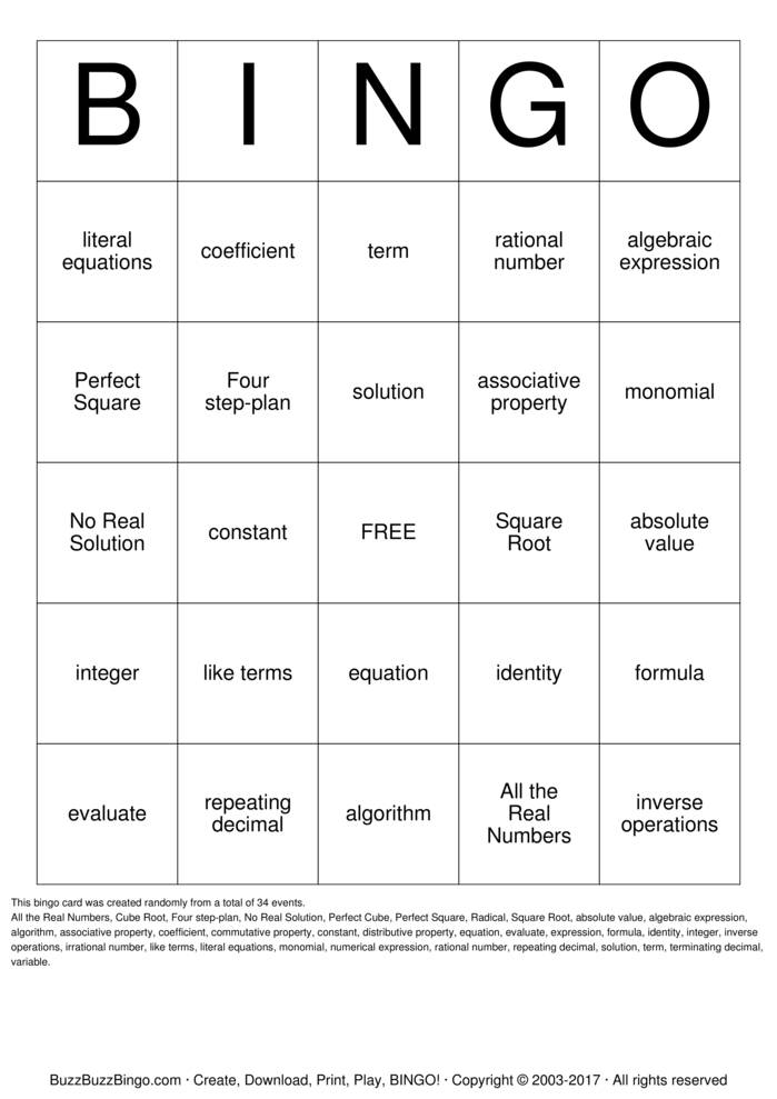 Exponents Bingo Cards to Download, Print and Customize!