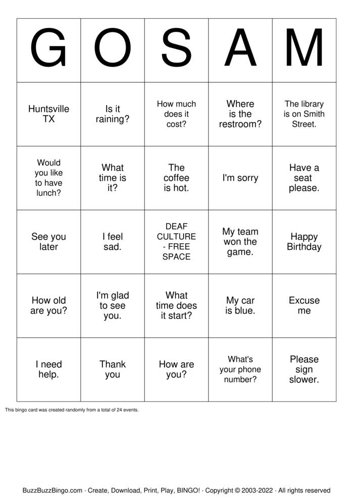 GOSAM Bingo Cards to Download, Print and Customize!