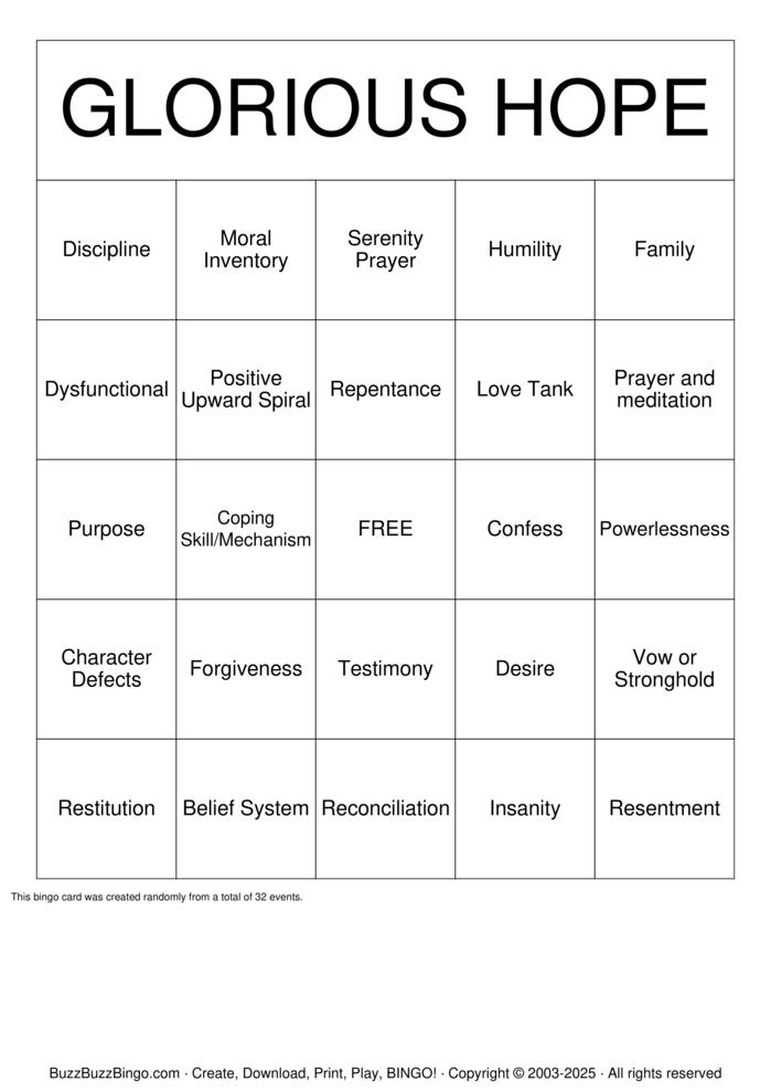 Glorious Hope Bingo Cards to Download, Print and Customize!