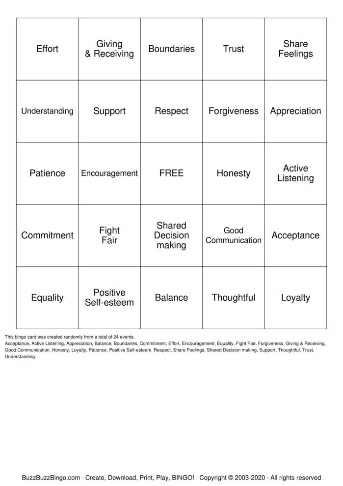 Healthy Relationships Bingo Cards to Download, Print and Customize!
