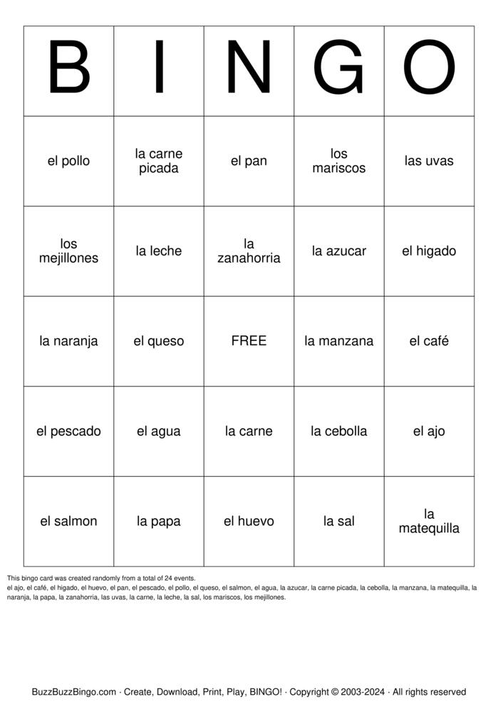 La Comida Bingo Cards to Download, Print and Customize!