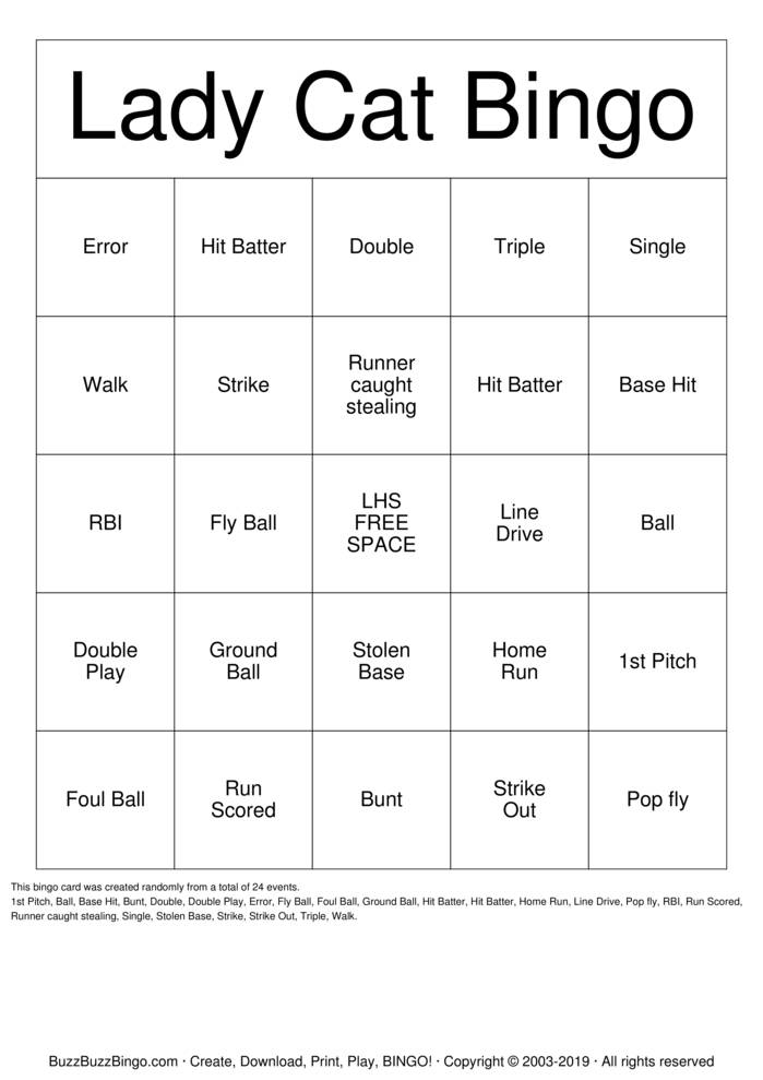 Lady Cat Softball Bingo Bingo Cards to Download, Print and Customize!
