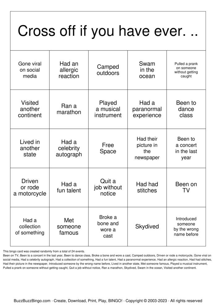 Life experiences bingo Bingo Cards to Download, Print and Customize!